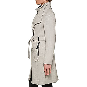 Calvin Klein Women's Angled Twill Fabric Wing Collar Coat, Light Grey, Large