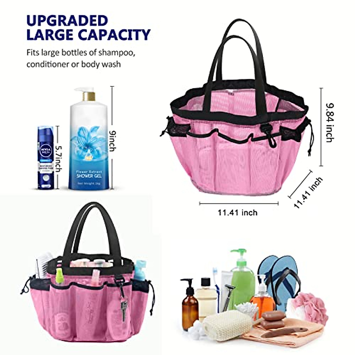 Moyad Large Mesh Shower Caddy Tote Large Tote Bag Beach Bag Hanging Travel Shower Caddy Portable Cleaning Caddy Shower Organizer Camping Accessories College Dorm Room Essentials for Girls Women, Pink