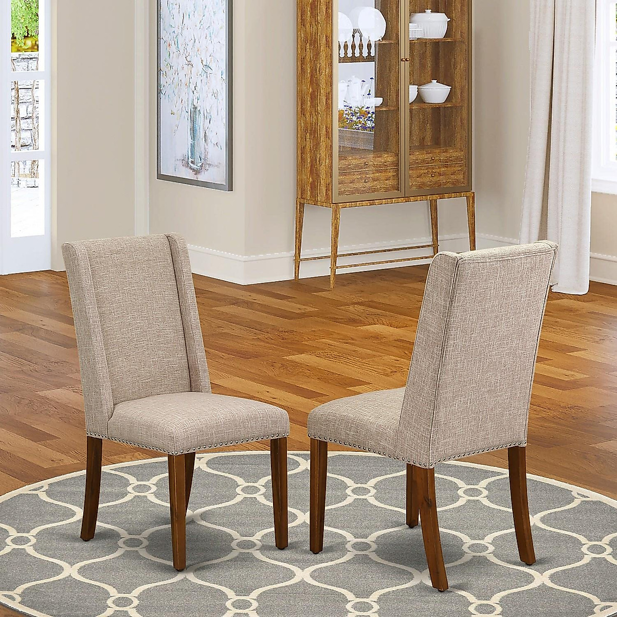 East West Furniture FLP8T04 Florence Parson Dining Room Chairs - Nailhead Trim Light Tan Linen Fabric Upholstered Chairs, Set of 2, Walnut