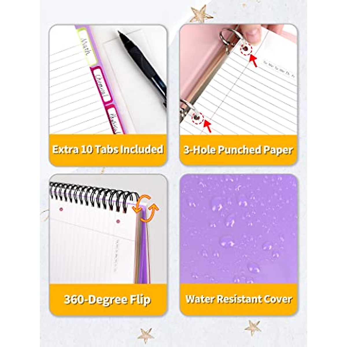 SUNEE 5 Subject Notebook College Ruled - 300 Pages, 8.2"x10.8", Spiral Lined Notebook with 5 Pocket Colored Dividers, 3-Hole Punched Paper, Purple Notebooks for School Supplies, Home & Office, Writing Journal