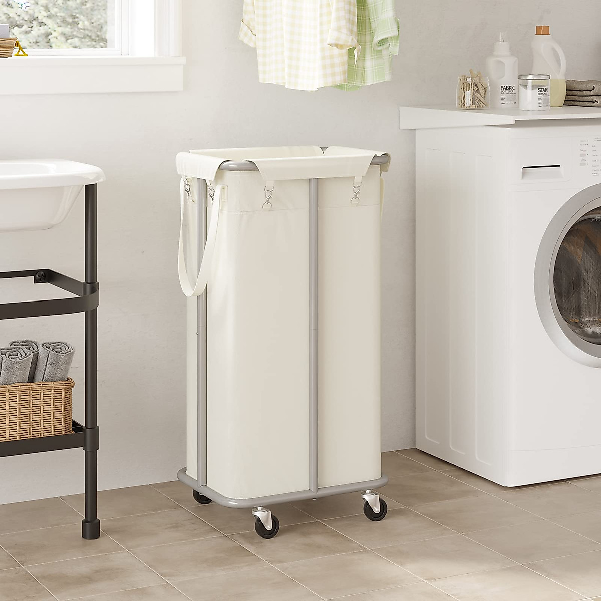 WOWLIVE 100L Rolling Laundry Hamper with Wheels Large Laundry Basket Organizer Laundry Cart with Steel Frame and Removable Bag Foldable Tall Dirty Clothes Hamper Dorm Room Storage for Bedroom (Beige)