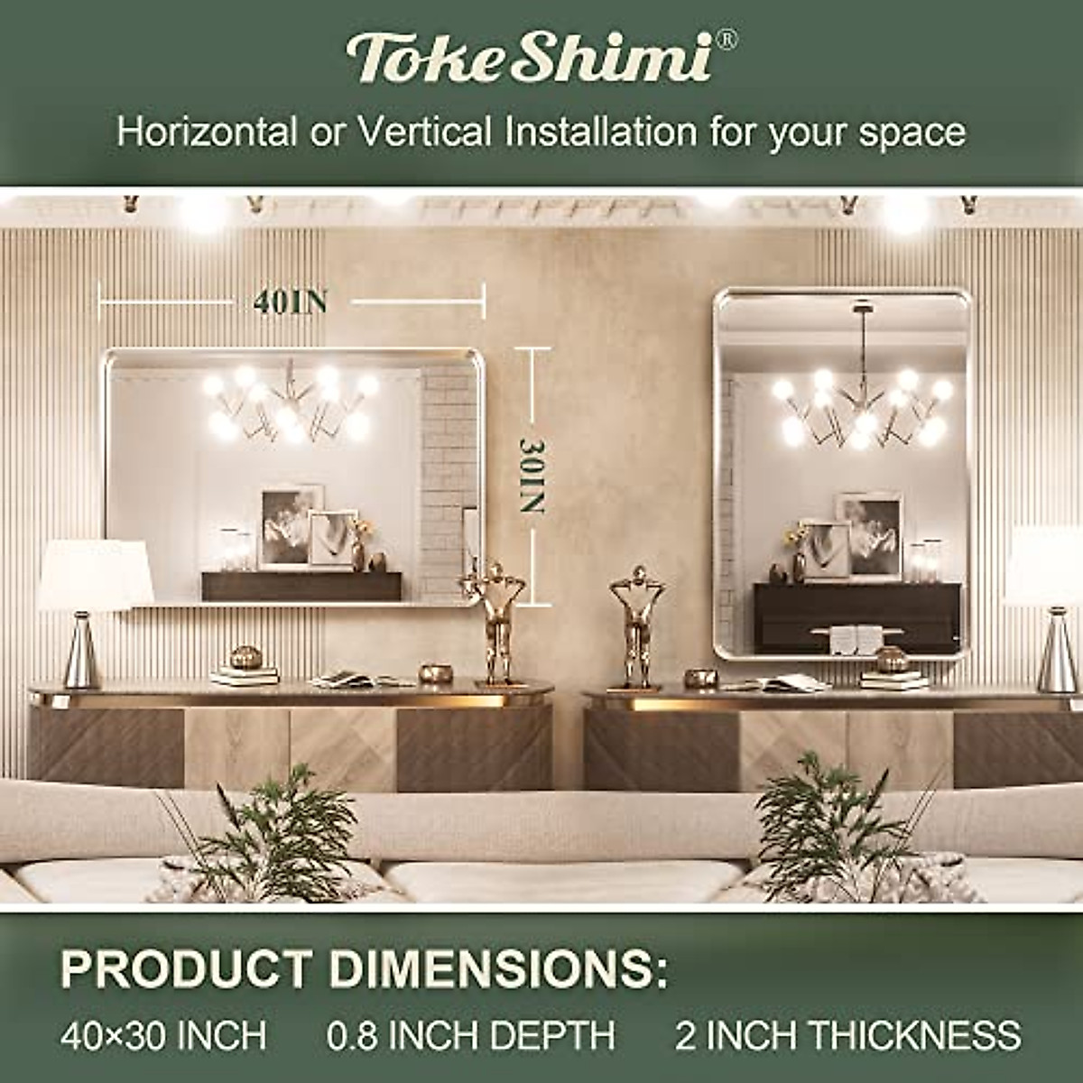TokeShimi 40 x 30 Inch Brushed Silver Bathroom Mirror for Wall Brushed Brass Metal Rounded Corner Rectangle Mirror Metal Frame Deep Set Design Hangs Horizontal Or Vertical
