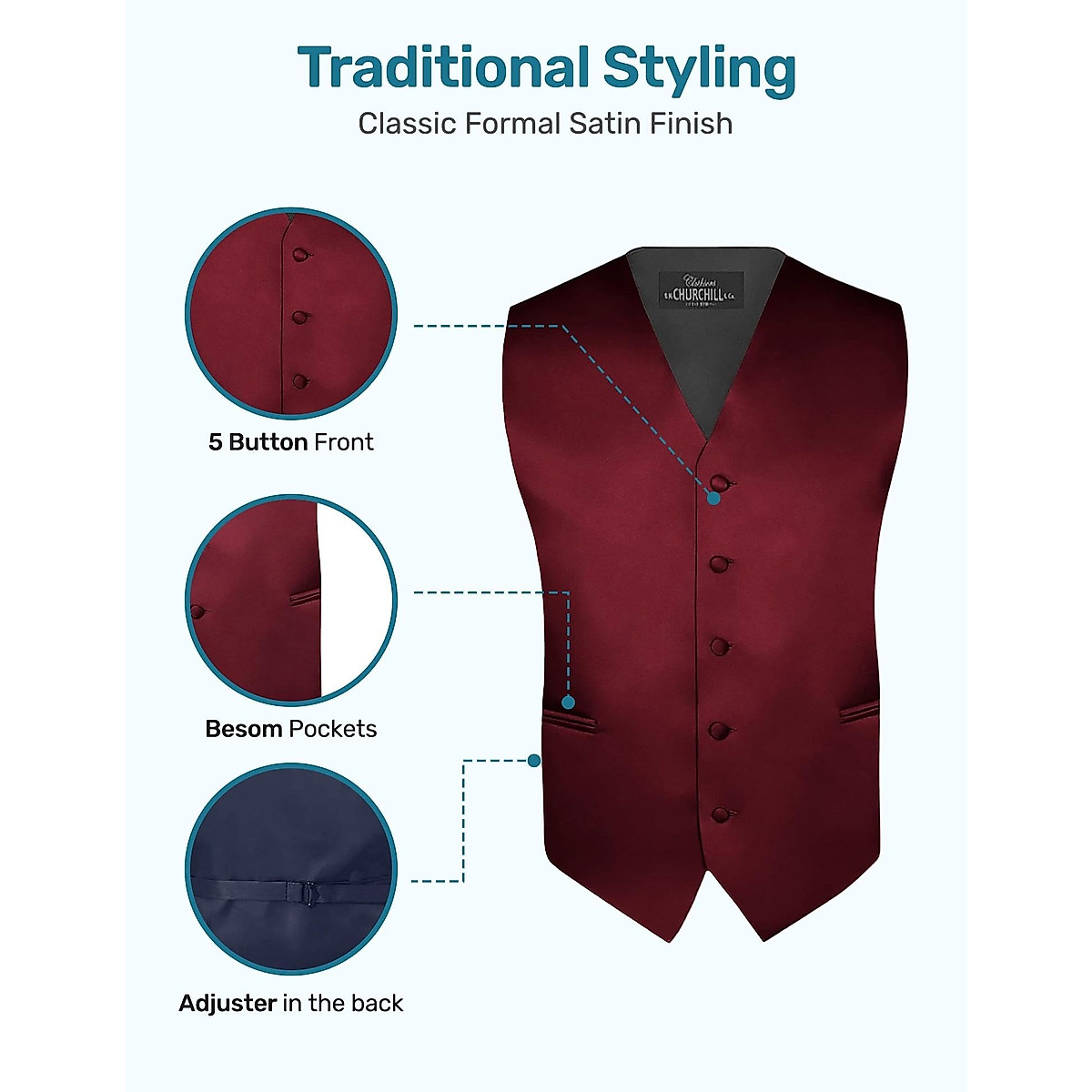 S.H. Churchill & Co. Men's 4 Piece Vest Set, with Bow Tie, Neck Tie & Pocket Hankie - Burgundy, XL