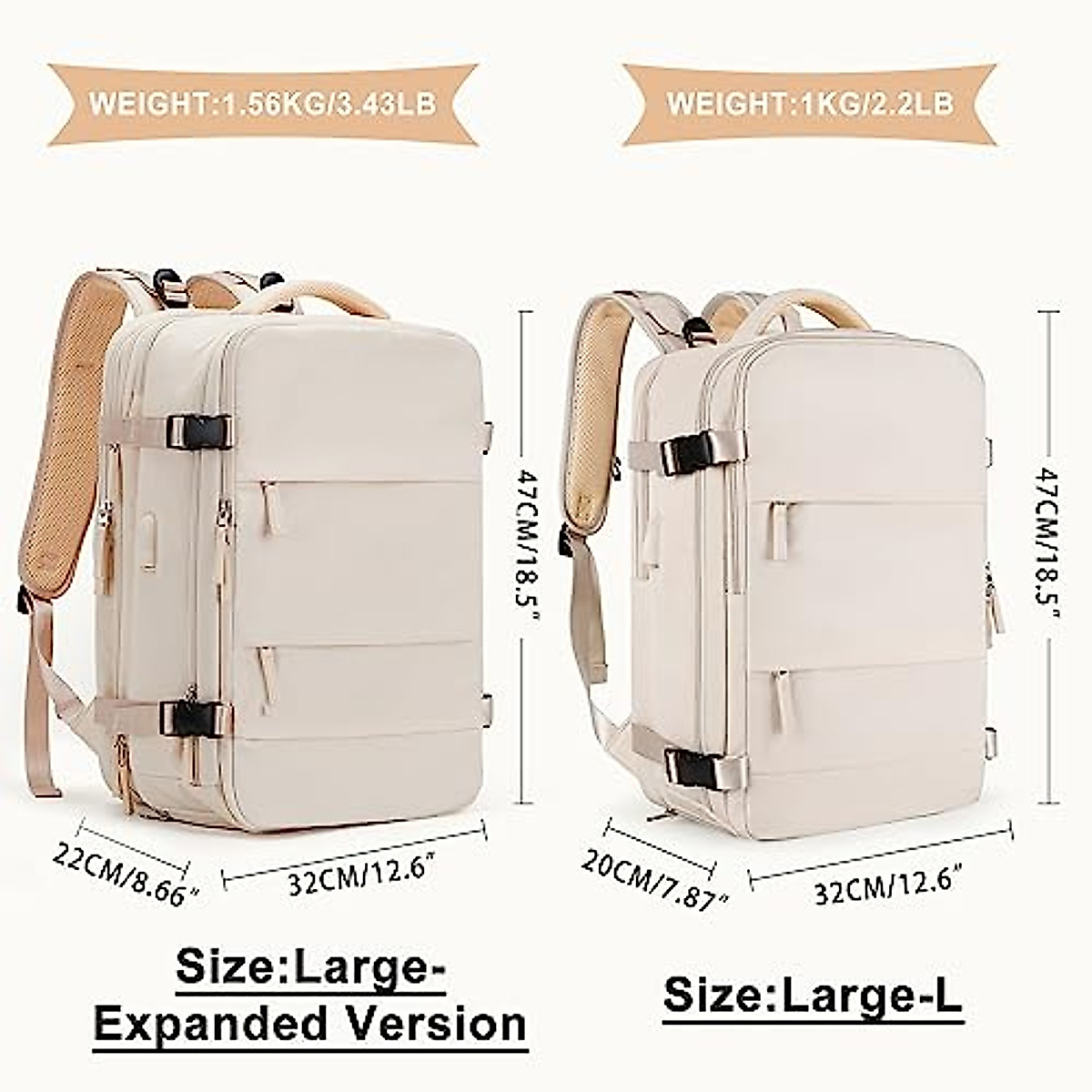 coowoz Large Travel Backpack For Women Men, Carry On Backpack,Hiking Backpack Waterproof Outdoor Sports Rucksack Casual Daypack Expandable Heavy Duty Extra large Backpack Beige Expansion