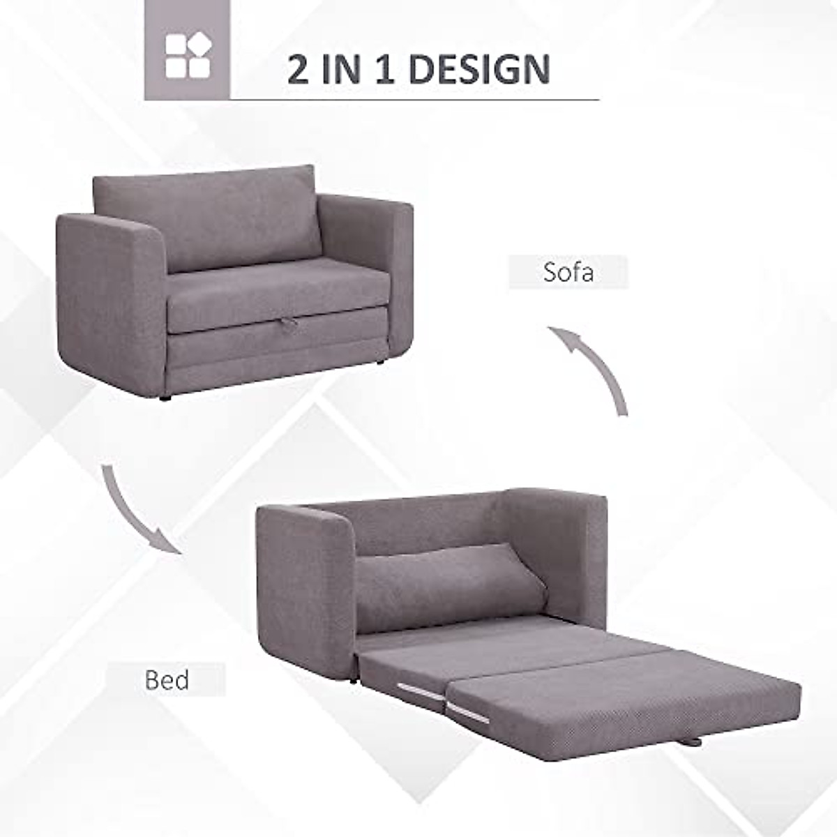HOMCOM Pull Out Sofa Bed, Modern Convertible Loveseat Sleeper, Upholstered Sleeper Sofa for Small Space, Living Room, Apartment and Dorm, Light Grey