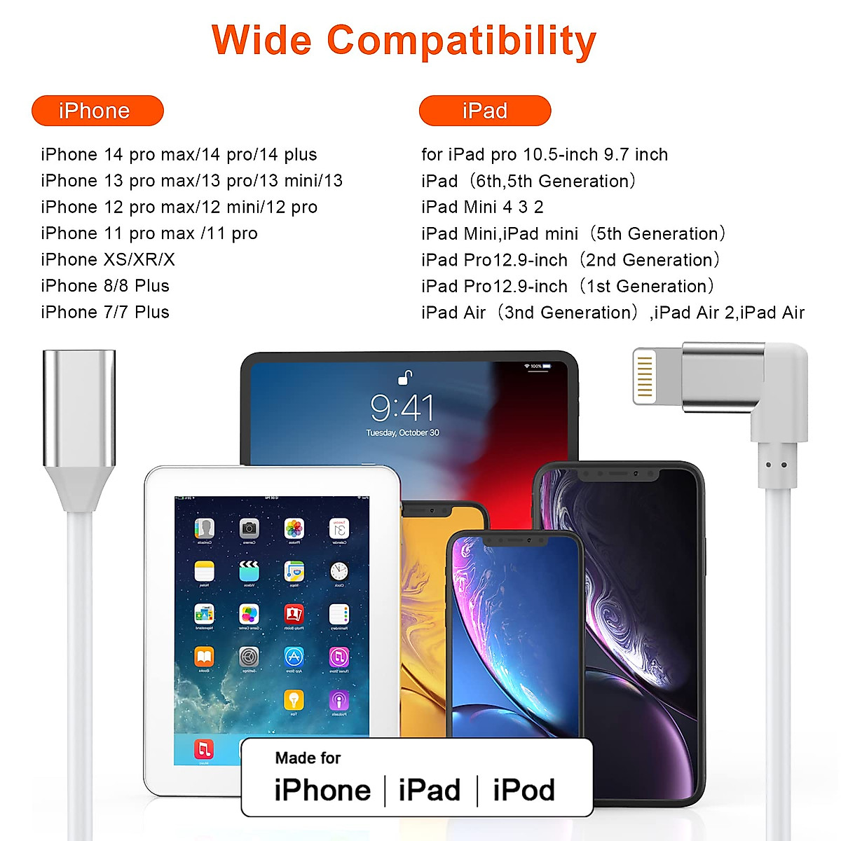 iPhone Charger Extension Cable,[Apple MFi Certified] 90 Degree Lightning Charging Male to Female Extender Dock Cable Adapter for iPhone 14 Pro Max/13/12/11/XS/XR/X/8/7/6 Pass Data Audio