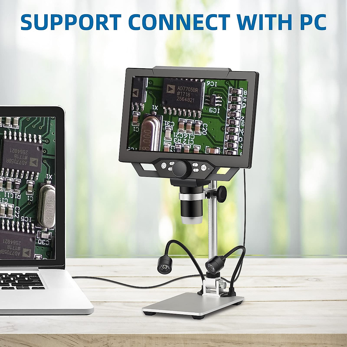 Koolertron 9 inch LCD Digital Microscope with 32G TF Card,12MP 1600X Magnification 1080P USB Microscope,5000mAh Battery,10 inch Stand with Side Light Coin Microscope for Plant/Rock/Circuit Board/Coin