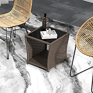 FIZZEEY Outdoor Side Table - Outdoor Wicker End Side Tables for Patio with Storage Shelf, Brown