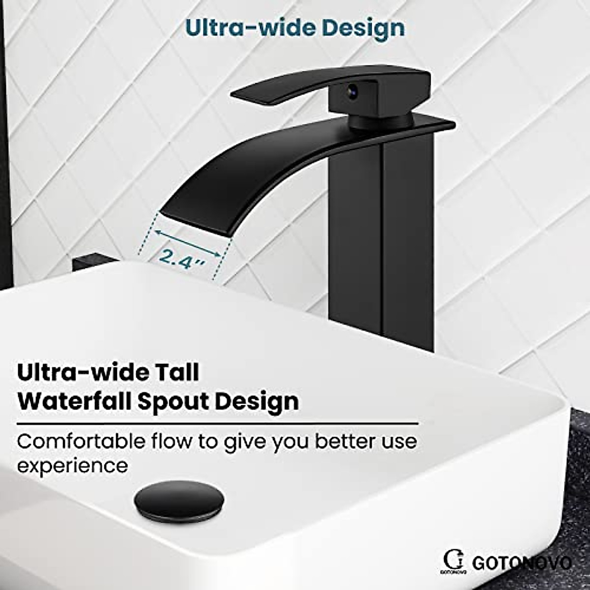 Vessel Sink Faucet Waterfall Spout Deck Mount Bathroom Matte Black Stainless Steel 304 Bowl Basin One Hole One Handle Mixer Tap with Pop Up Drain