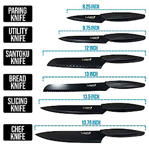 Lutema 12-Piece Kitchen Knife Set 6 Black Colored Knives + 6 Blade Covers