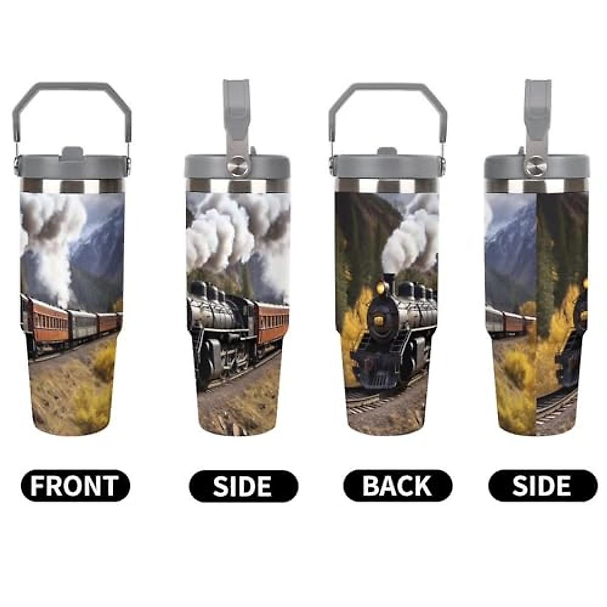 RTFGHJS Steam Locomotive Train 30 Oz Tumbler with Handle And Flip Straw, Stainless Steel Vacuum Insulated Travel Mug, Thermal Cup for Coffee, Water, Iced Drinks, Fits Car Cup Holders (Home, Sports)