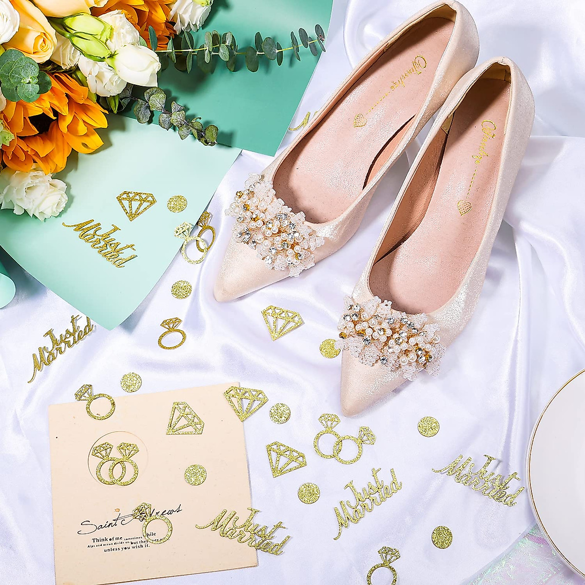 AIEX 300pcs Gold Wedding Table Confetti, Glitter Paper Confetti Just Married Diamond Ring Dots Confetti Table Decorations for Bridal Shower Wedding Bachelor Party