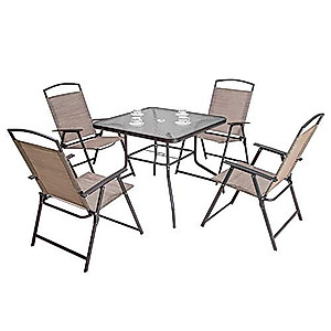 Crestlive Products 5 Piece Patio Dining Set with 4 Folding Chairs and Table Outdoor Dining Furniture with Square Glass Tabletop, Umbrella Hole for Bistro, Garden, Backyard, Deck (Beige)