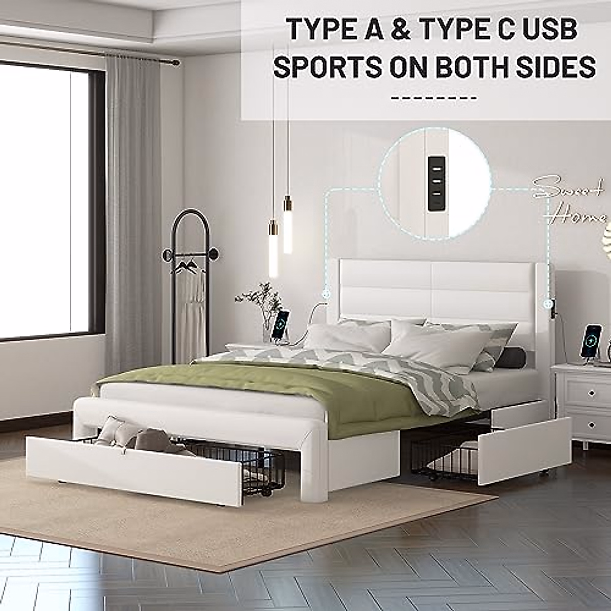 Linique Queen Size Wooden Bed Frame with 3 Storage Drawers,Queen PU Leather Upholstered Platform Bed with Headboard and Charging Station,White