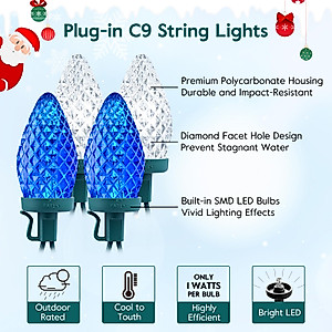 Brightown C9 LED Christmas String Lights, 33ft 50 LED Waterproof Strawberry String Lights, Extendable Green Wire Lights String for Outdoor Indoor Patio Party Decoration, Blue and White