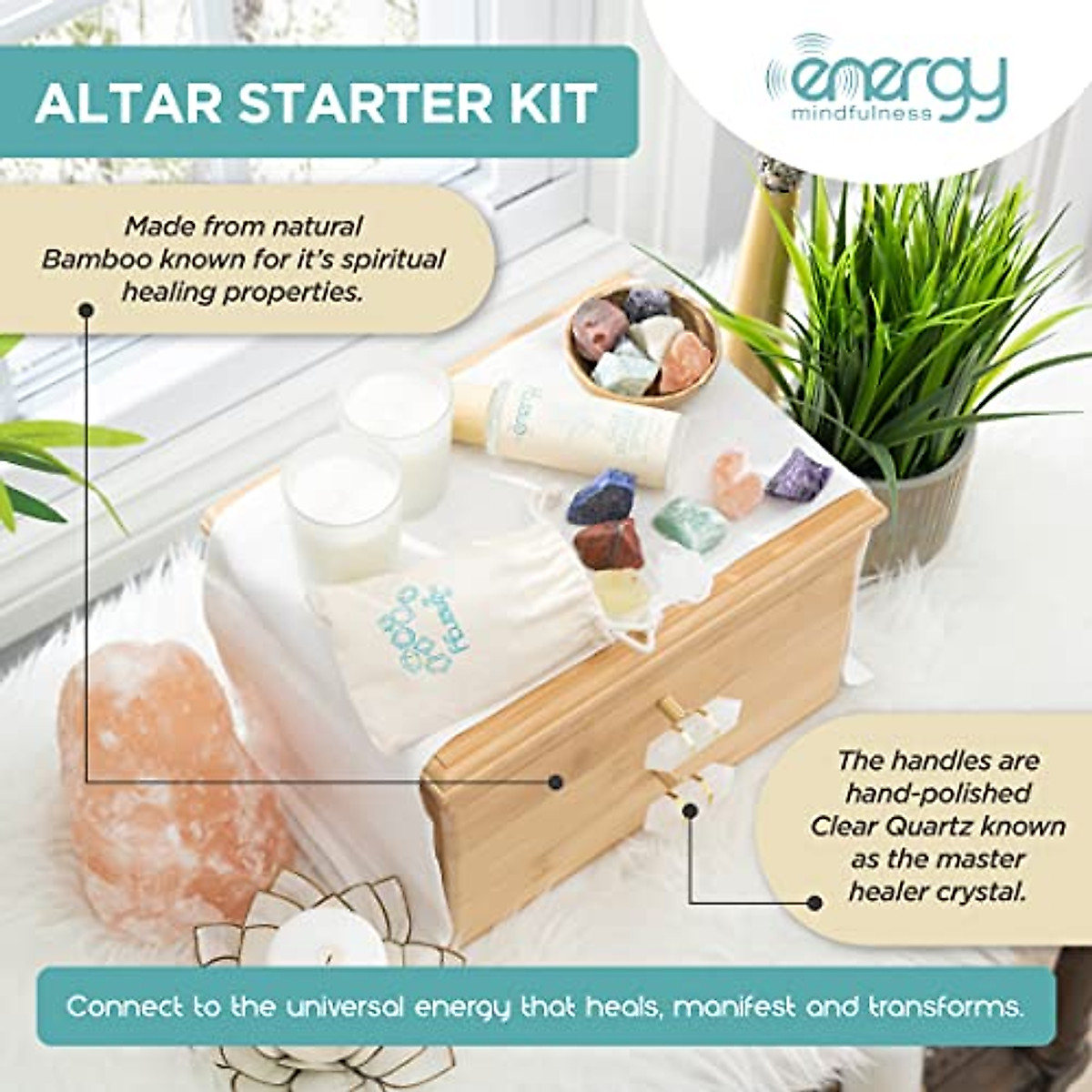 Energy Mindfulness Altar Starter Kit with Altar Cloth, Sage Spray, 2 Soy Wax Candles, 7 Chakra Healing Crystals - Bamboo Wooden Box with Fold-Out Table Top & Drawers with Quartz Crystal Handles