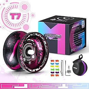 Yoyo T7 Responsive Yoyo for Kids, Aluminum Metal Beginner Yoyos with Narrow C Yoyo Bearing and Extra 5 Yoyo Strings + Yoyo Bag+ Yoyo Glove (Black&Pink Color)