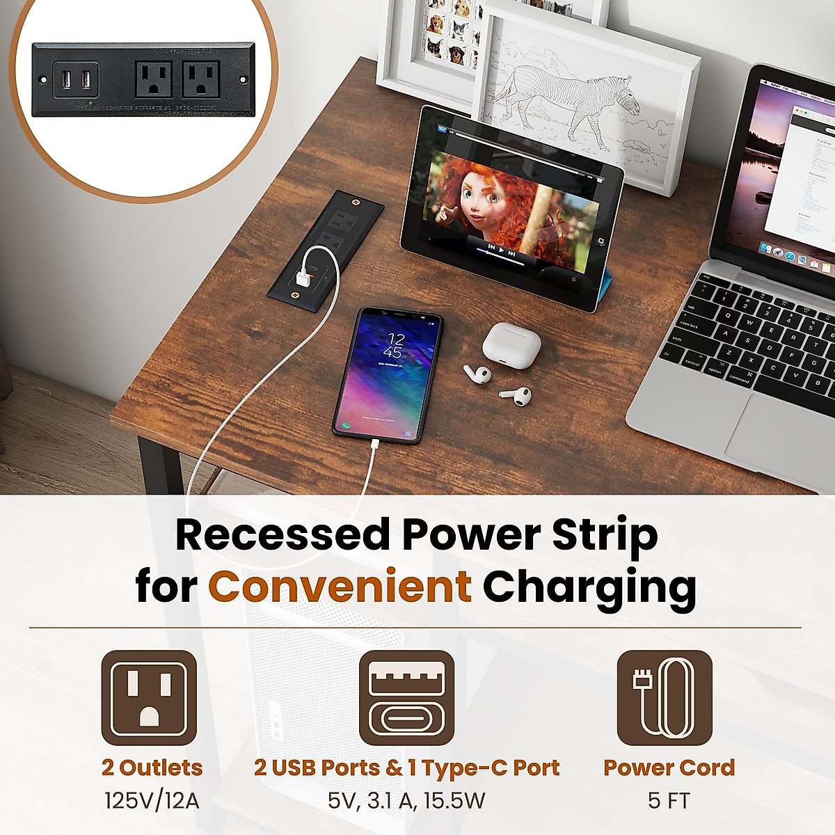 Tangkula Computer Desk with Charging Station, 40” Industrial Home Office Desk with Drawer & Adjustable Shelf, Compact Computer Workstation with CPU Stand & Headphone Hooks, Study Writing Desk