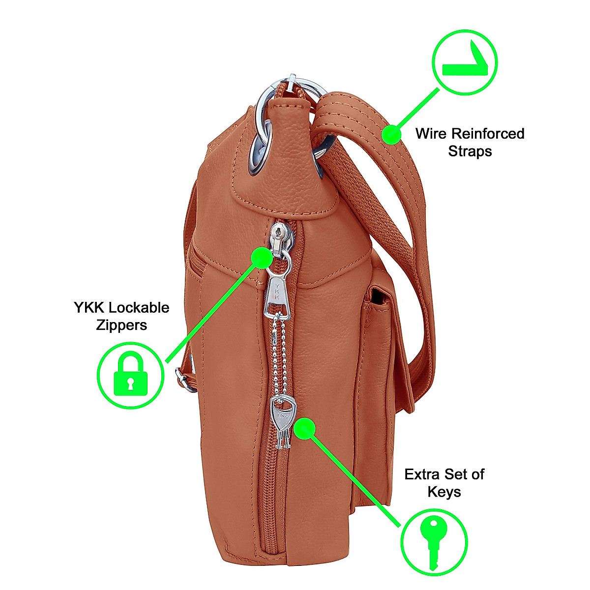 Concealed Carry Gun Purse - Twist Lock Pocket Crossbody Bag by Roma Leathers (Light Brown)