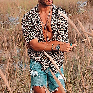YOMXL Men Vintage Leopard Print Shirt Summer Beach Tee Lapel Collar Short Sleeve V-Neck Button Tops