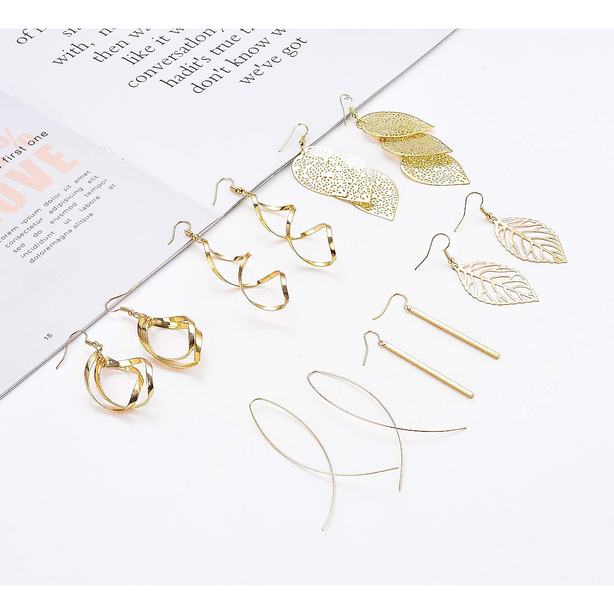 FUNEIA 6 Pairs Drop Dangle Earrings for Women Long Bar Double Twist Wave Curved Threader Cut Out Leaf Lightweight Earrings Set