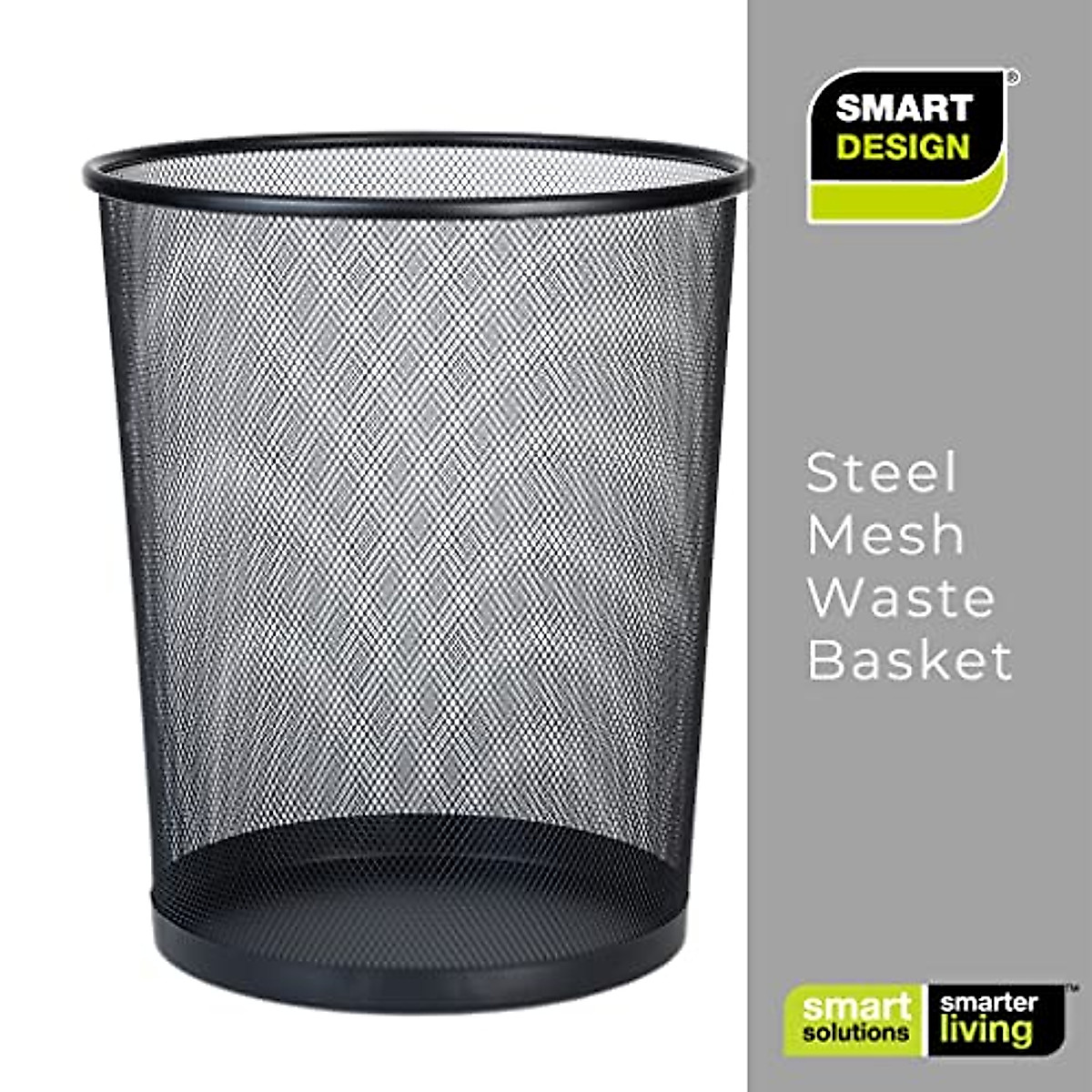 Smart Design Steel Mesh Waste Basket - Easy to Clean Design - Garbage, Paper Clutter, Metal Wire Trash Can Bin, Bathroom, Bedroom, Home and Office - 11.75 x 13.75 Inch - Black