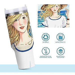 Nexawaveo Blonde Girl by Sea Tumbler With Handle And Straw 30-40oz Insulated Tumbler Cups With Lid Stainless Steel for Cold Water and Drinks for School Work Sports Car Travel and Weekends