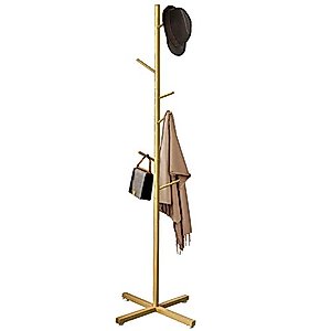 Jolitac Modern Metal Coat Rack in Gold Free Standing 7 Hooks Hall Tree in Corner, Hat Hanger & Coat Racks Stand Entryway Organizer for Clothes, Bags, Umbrella (Golden)