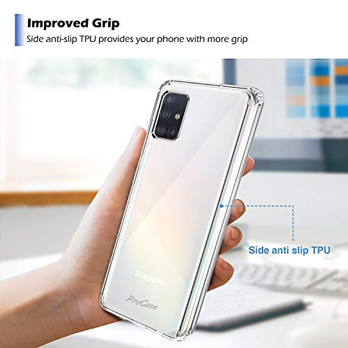 ProCase Galaxy A51 (4G Version) Case Clear 6.5" 2019 Released, Slim Lightweight Crystal Hybrid Bumper Cover, Shock-Proof, Anti-Slip Anti-Scratch Clear Case for Galaxy A51 4G Model SM-A515 –Clear