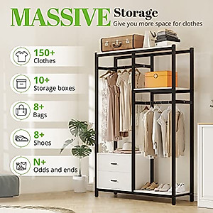 HOKEEPER 650lbs Freestanding Closet Organizer with Drawers and Shelves Heavy Duty Metal Wardrobe Closet Storage Shelves for Hanging Clothes Clothing Garment Rack Closet with Shelves for Bedroom White