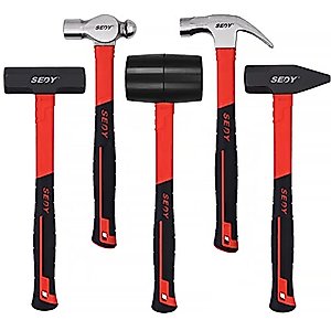 SEDY 5-Piece Hammer Set - 24oz Ball Pein Hammer | 22oz Claw Hammer | 32oz Rubber Mallet | 3lb Sledge Hammer | 3lb Cross Pein Hammer