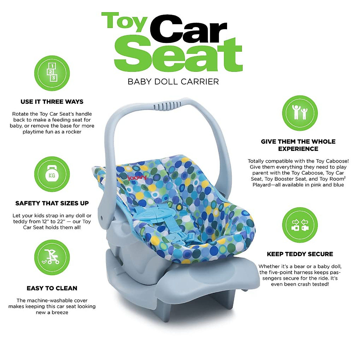 Joovy Toy Car Seat Baby Doll Carrier Featuring Crash-Tested Latch System for Safety, Machine-Washable Cover for Easy Cleaning, and Five-Point Harness - Fits Dolls 12” to 22”, Blue