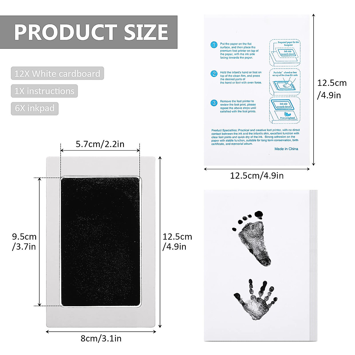 Outus Baby Inkless Handprint and Footprint Kit 6 Safe Hand and Foot Ink Pad Clean Touch Paw Print Stamp and 12 Card for Newborn Registry Family Keepsake Baby Shower Present, Black Color