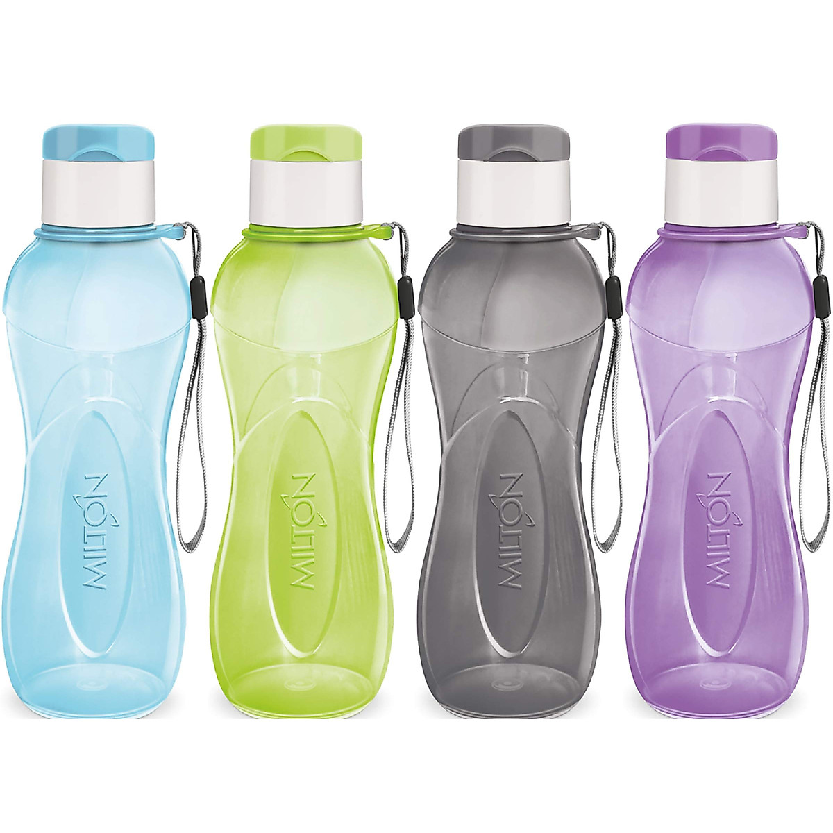 MILTON Sports Water Bottle Kids Reusable Leakproof 25 Oz 4-Pack Plastic Wide Mouth Large Big Drink Bottle BPA & Leak Free with Handle Strap Carrier for Cycling Camping Hiking Gym Yoga