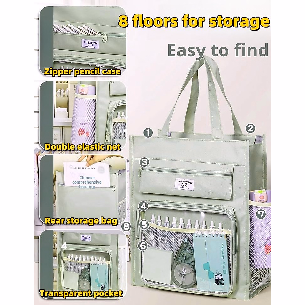 UIVXXUD Portable 8-Layer Canvas Tote Bag with Large Capacity, Ideal for Tutoring, Carrying Books, and Documents, Includes Pens and Panda Stickers (Purple)