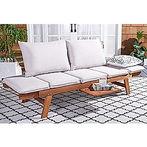 Safavieh PAT7300E Collection Emely Acacia Wood Expandable Loveseat Outdoor Daybed, Natural/Light Grey