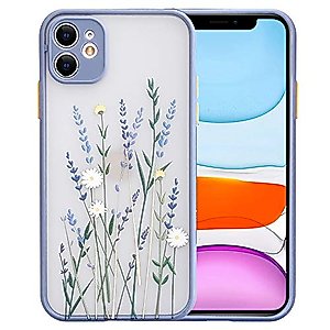 Ownest Compatible for iPhone 11 Case for Flower Clear Frosted PC Back Floral Girls Woman and Soft TPU Protective Silicone Slim Case for iPhone 11-Purple