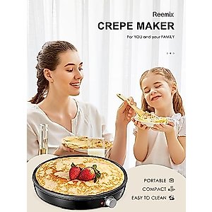 Crepe Maker Machine, Reemix Compact Pancake Griddle Precise Temperature Control, Nonstick 12” Electric Griddle, Batter Spreader for Eggs, Pancakes, Omelets and Quesadillas, Includes Spatula, Spreader