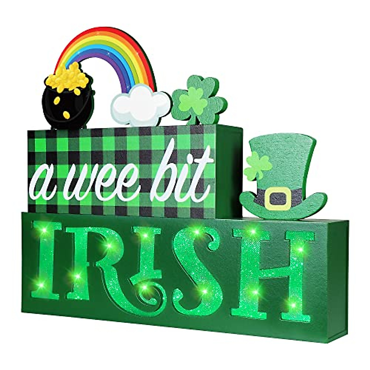 St Patrick's Day Wooden Block Sign with Led Lights- A Wee Bit Irish Shamrock Light up Wood Sign for Table Mantle- Irish Festive Farmhouse Home Battery Operated Wooden Sign Tabletop Tiered Tray Decor