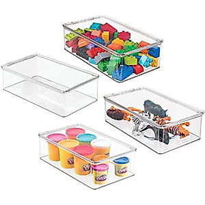 mDesign Plastic Playroom/Game Organizer Box Containers with Hinged Lid for Shelves or Cubbies, Holds Toys, Building Blocks, Puzzles, Markers, Controllers, or Crayons, Ligne Collection, 4 Pack, Clear