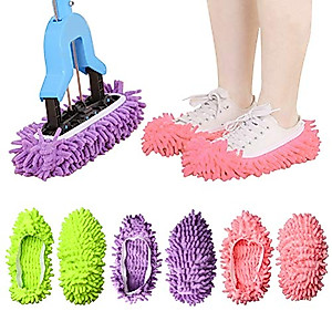 MOFLYS 3 Pairs/ 6PCS Mop Slippers, Microfiber Dust Mop Shoes Multifunction Floor Cleaning Shoe Covers Hair Cleaner Foot Socks Caps