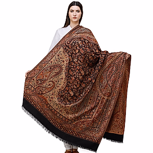 Exotic India Reversible Jamawar Shawl with Woven Paisleys - Color Caviar Black