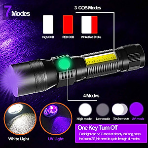 Black Light UV Flashlight Rechargeable, 3in1 Super Bright Tactical Flashlights LED UV Black Light &Redlight, 2000Lumen 7Modes, Zoomable, Waterproof Pocket Flashlight for Pet Stains Detection,Camping