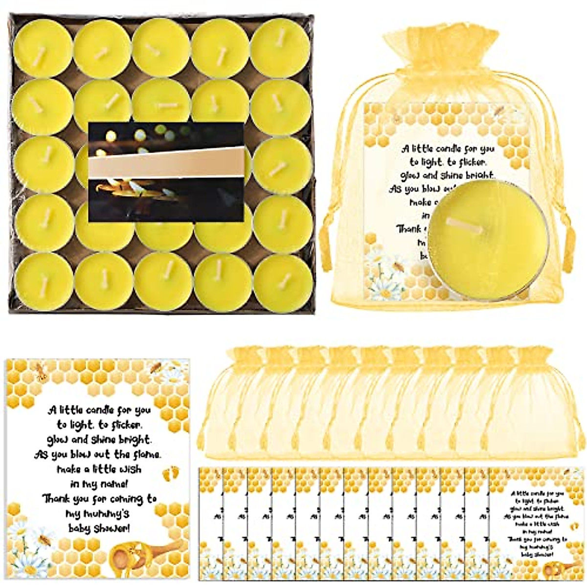 100 Sets Bee Theme Baby Shower Tealight Candles Unscented Yellow Candles Gender Neutral Gift Candles Bee Baby Shower Cards and Organza Bags for Guests Friends Baby Shower Gender Reveal Party Favors