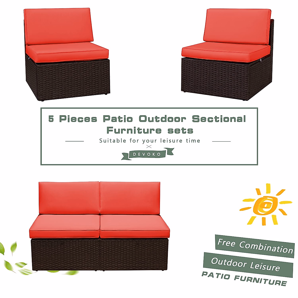Devoko 2 Pieces Patio Furniture Sets All-Weather Outdoor Sectional Armless Sofa (Red)