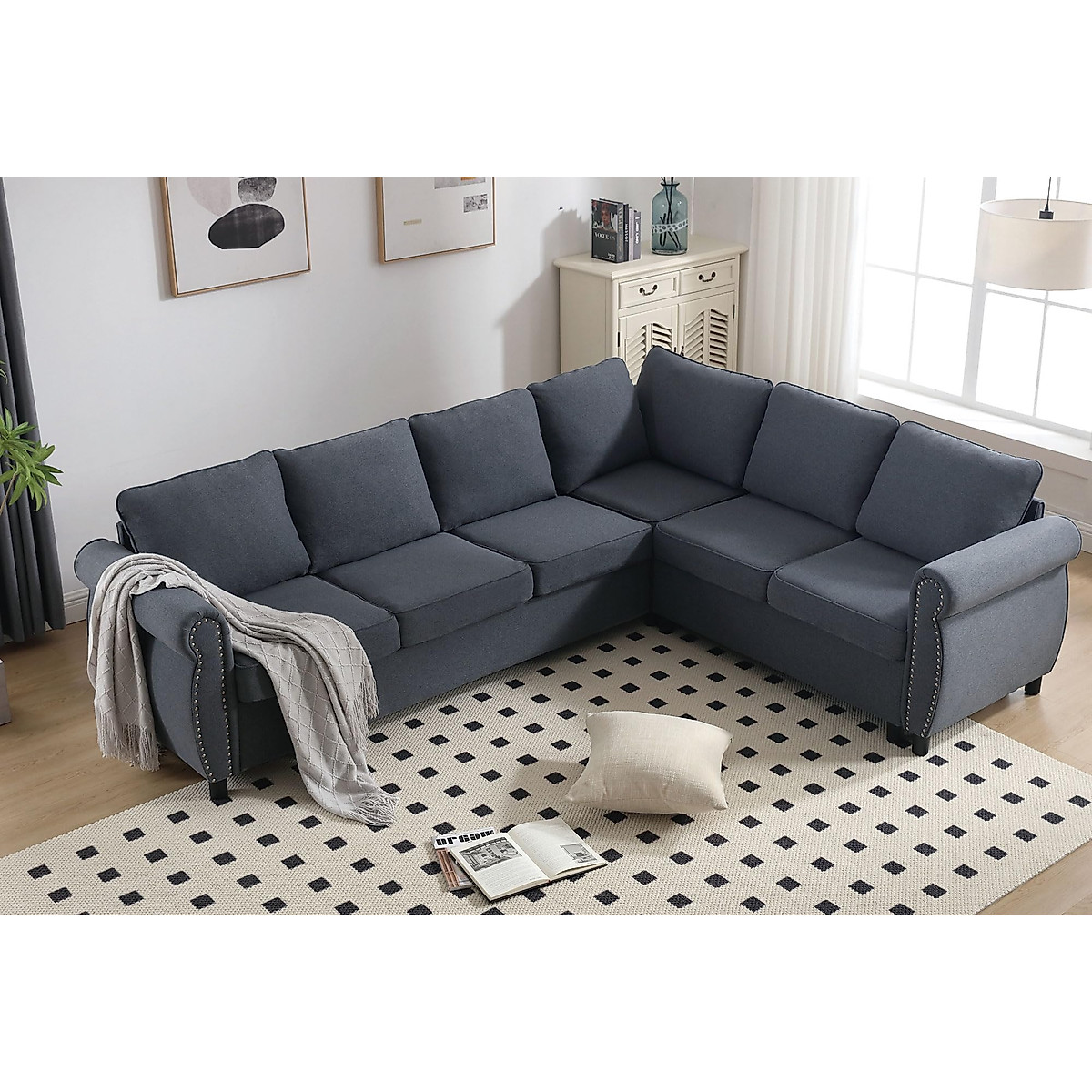 Plococo Sleeper Sofa with Queen Mattress, 2 in 1 Pull Out Couch Bed,6 Seater Sofa Bed, L Shaped Sleeper Sectional Sofa Couch,Riveted Sofa,104'' Large Combined Sofa in Living Room (Gray)