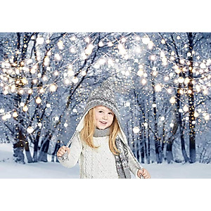 Funnytree 7x5ft Winter Scene Backdrop Wonderland Snowflake Photography Background Bokeh Glitter White Snow Forest Christmas Party Decoration Tree Landscape Kids Portrait Photobooth Photo Studio Props