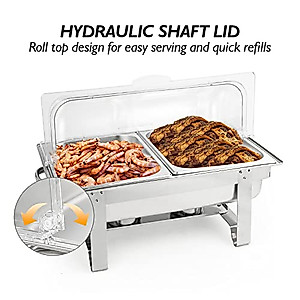 Restlrious Chafing Dish Buffet Set with Roll Top Plastic Cover, Stainless Steel 8 QT Rectangular Chafers and Buffet Warmers Set w/Half Size Food Pan, Water Pan, Fuel Can for Catering Event Party