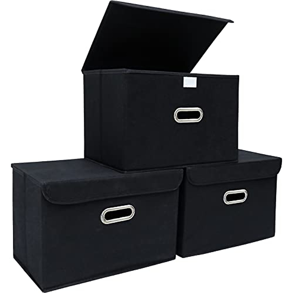 STOREONE Fabric Storage Cube Bins Foldable Organizer Container Collapsible Basket with Lids and Metal Handles, for Home, Bedroom, Closet (Black, 3 Pcs)