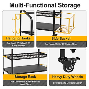 Vimexciter Dumbbell Rack, Training Equipment Storage Cart with Hooks and Wheels for Yoga Brick, Mat, Block, Roller, Dumbbell, Weight, Kettlebell, Resistance Band and More for Home Gym Workout